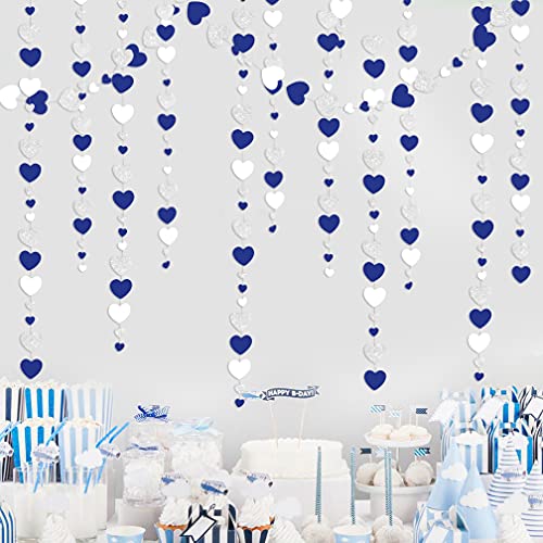 52 Ft Navy Blue Silver Love Heart Garlands Silver Royal Blue Hanging Streamer Banners for Anniversary Valentines Bachelorette Engagement Wedding Baby Bridal Shower Birthday Party Decorations Supplies