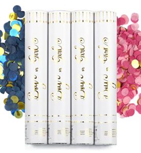 gender reveal confetti cannon – 2 blue/gold 2 pink/gold poppers – gender reveal party supplies – confetti sticks – gender reveal stickers 40 pcs (20 girl 20 boy)