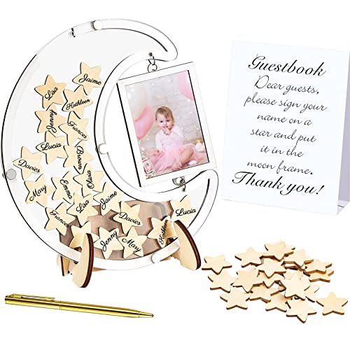 60 Pieces Moon Guest Book with Wood Star Cutouts Baby Shower Guest Book Alternative Guest Books with Photo Frame for Baby Shower Wedding Boys Girls Birthday Parties Keepsake (Clear, 8.3 x 9 Inch)