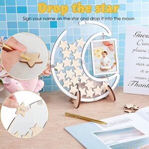 60 Pieces Moon Guest Book with Wood Star Cutouts Baby Shower Guest Book Alternative Guest Books with Photo Frame for Baby Shower Wedding Boys Girls Birthday Parties Keepsake (Clear, 8.3 x 9 Inch)