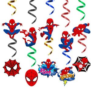 pantide 30ct spider superhero hanging swirls decorations, spider hero whirls glitter foil ceiling swirls streamers decorations, superhero themed party supplies favors for kids birthday baby shower