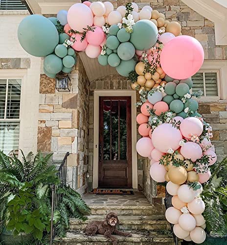 sherpaa Sage Green Pink Balloon Garland Arch Kit, Baby Pink Blush Gold Metallic Latex Balloons, 18 inch Big Sage Green and pink Balloon for Wedding Bride Baby Shower Birthday Evening Decor