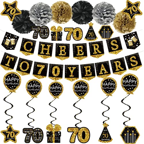 70th birthday decorations for men - (21pack) cheers to 70 years black gold glitter banner for women, 6 paper Poms, 6 Hanging Swirl, 7 decorations stickers. 70 Years Old Party Supplies gifts for men