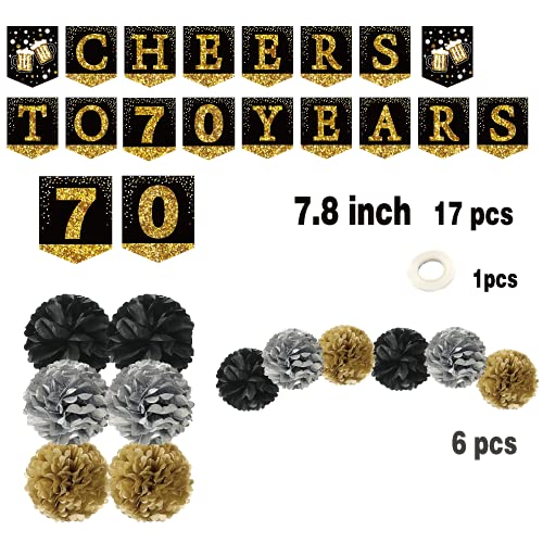 70th birthday decorations for men - (21pack) cheers to 70 years black gold glitter banner for women, 6 paper Poms, 6 Hanging Swirl, 7 decorations stickers. 70 Years Old Party Supplies gifts for men