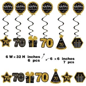 70th birthday decorations for men - (21pack) cheers to 70 years black gold glitter banner for women, 6 paper Poms, 6 Hanging Swirl, 7 decorations stickers. 70 Years Old Party Supplies gifts for men