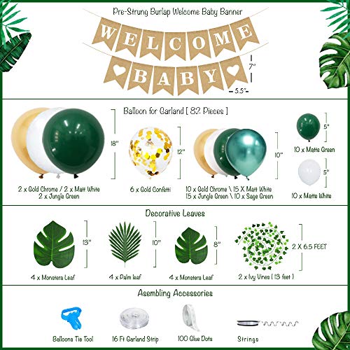 Ola Memoirs Safari Baby Shower Decorations Jungle Theme Party Supplies with Lush Green Balloon Garland Arch Kit Backdrop, Banner, Tropical Palm Leaves, Balloons Strip, Ivy Vines Decor for Boy and Girl