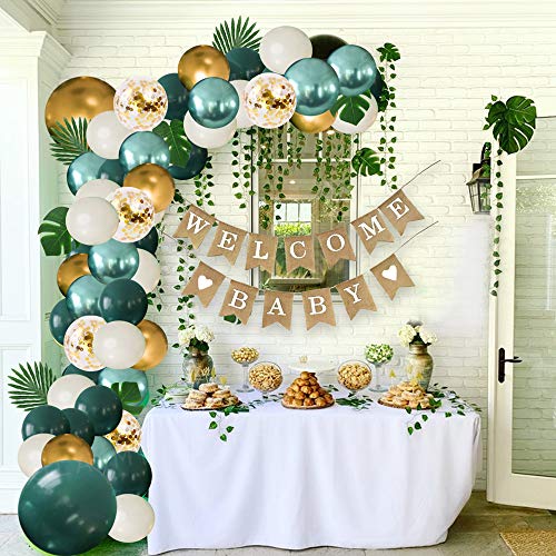 Ola Memoirs Safari Baby Shower Decorations Jungle Theme Party Supplies with Lush Green Balloon Garland Arch Kit Backdrop, Banner, Tropical Palm Leaves, Balloons Strip, Ivy Vines Decor for Boy and Girl