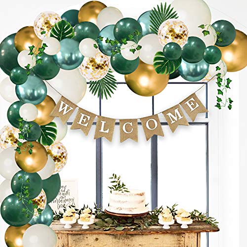 Ola Memoirs Safari Baby Shower Decorations Jungle Theme Party Supplies with Lush Green Balloon Garland Arch Kit Backdrop, Banner, Tropical Palm Leaves, Balloons Strip, Ivy Vines Decor for Boy and Girl