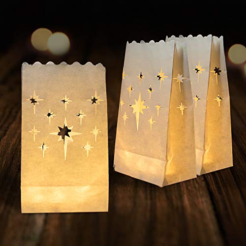 Homemory 50 PCS White Luminary Bags, Flame Resistant Candle Bags, Stars Design Luminaries for Wedding, Party, Halloween, Thanksgiving, Christmas