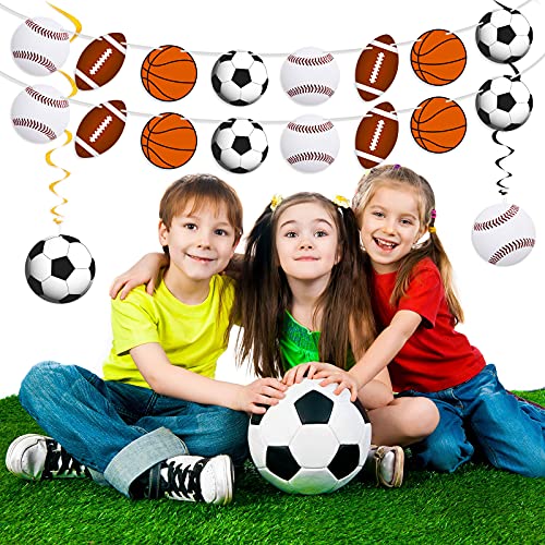 18 Pieces Sports Party Decorations Sports Themed Birthday Party Supplies 2 Pieces Sports Theme Banner and 16 Pieces Hanging Swirl Sports Bunting Basketball Football Soccer Baseball Paper Garland