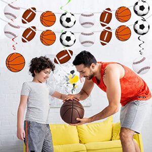 18 Pieces Sports Party Decorations Sports Themed Birthday Party Supplies 2 Pieces Sports Theme Banner and 16 Pieces Hanging Swirl Sports Bunting Basketball Football Soccer Baseball Paper Garland