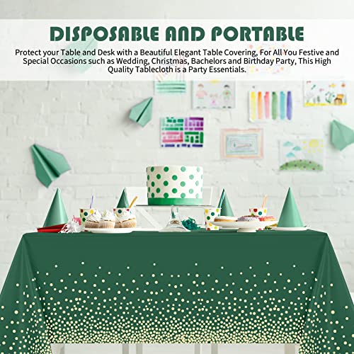 Tegeme Plastic Tablecloth for Parties Disposable Gold Stamping Dot Confetti 108 x 54 Inch Birthday Party Wedding Dinner Decors Rectangle Tabless(Green, Gold,4 Packs)