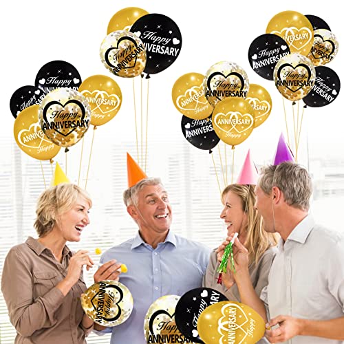 Lnlofen 30Pcs Happy Anniversary Balloons Decorations Kit, 12 Inch Black Gold Wedding Latex Confetti Party Supplies, 10th 20th 30th 40th 50th 60th Indoor Outdoor Decor