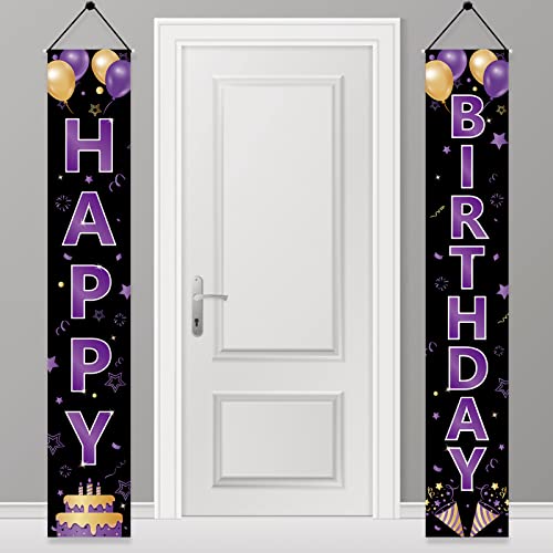 Purple Gold Happy Birthday Door Banner Decorations for Women Girls, Purple Happy Birthday Porch Sign Party Supplies, 16th 21st 30th 40th 50th 60th 70th 80th 90th Birthday Backdrop Decor