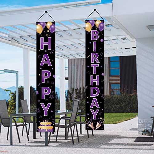 Purple Gold Happy Birthday Door Banner Decorations for Women Girls, Purple Happy Birthday Porch Sign Party Supplies, 16th 21st 30th 40th 50th 60th 70th 80th 90th Birthday Backdrop Decor