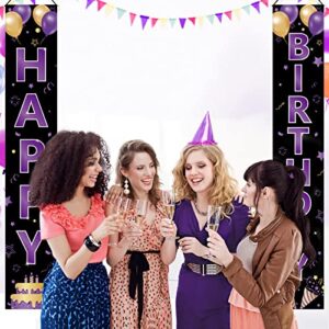 Purple Gold Happy Birthday Door Banner Decorations for Women Girls, Purple Happy Birthday Porch Sign Party Supplies, 16th 21st 30th 40th 50th 60th 70th 80th 90th Birthday Backdrop Decor