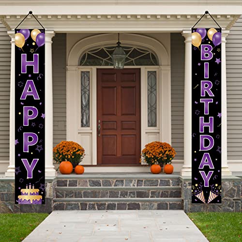 Purple Gold Happy Birthday Door Banner Decorations for Women Girls, Purple Happy Birthday Porch Sign Party Supplies, 16th 21st 30th 40th 50th 60th 70th 80th 90th Birthday Backdrop Decor