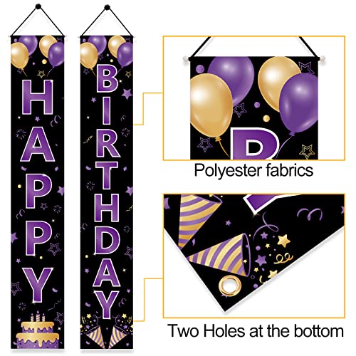 Purple Gold Happy Birthday Door Banner Decorations for Women Girls, Purple Happy Birthday Porch Sign Party Supplies, 16th 21st 30th 40th 50th 60th 70th 80th 90th Birthday Backdrop Decor