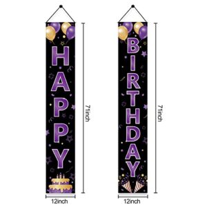 Purple Gold Happy Birthday Door Banner Decorations for Women Girls, Purple Happy Birthday Porch Sign Party Supplies, 16th 21st 30th 40th 50th 60th 70th 80th 90th Birthday Backdrop Decor