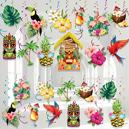 30 Pieces Hawaiian Luau Hanging Swirl Party Decorations Aloha Tropical Foil Plastic Streamer Ceiling Decor Palm Pineapple Flamingo Hibiscus Dangle Sign Summer Beach Pool Party Birthday Tiki Party Supplies