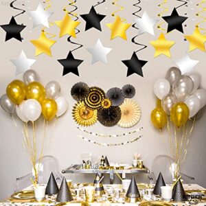 Black Gold and Silver Star Hanging Swirls - Pack of 30, No DIY | Black and Gold Party Decorations for Bosses Day Decorations | Graduation Party Decorations | Oscar, Hollywood Theme Party Decorations