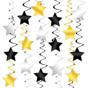 Black Gold and Silver Star Hanging Swirls - Pack of 30, No DIY | Black and Gold Party Decorations for Bosses Day Decorations | Graduation Party Decorations | Oscar, Hollywood Theme Party Decorations