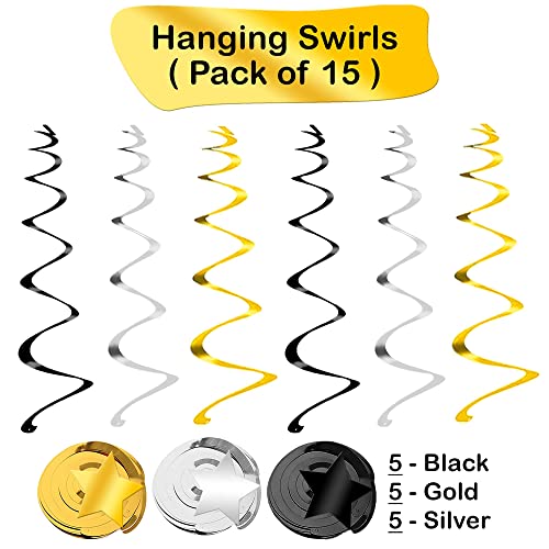 Black Gold and Silver Star Hanging Swirls - Pack of 30, No DIY | Black and Gold Party Decorations for Bosses Day Decorations | Graduation Party Decorations | Oscar, Hollywood Theme Party Decorations