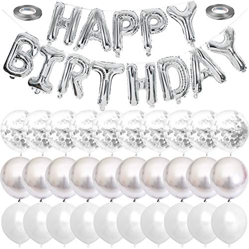 Silver Happy Birthday Balloons Banner White And Silver Confetti Balloons for Birthday Party Decorations