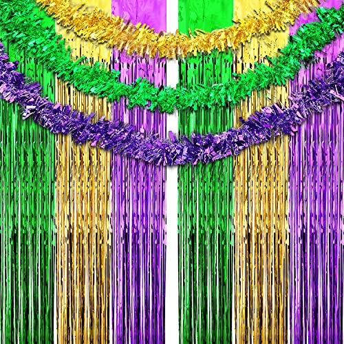 9 Pieces Mardi Gras Party Decoration Gold Purple Green Metallic Foil Curtains Mardi Gras Fringe Curtains Shimmer Curtain Tinsel Garland for Carnival Bunting Party Decoration