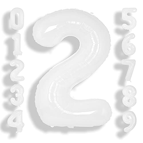 SUWEN 40 Inch White Large 2 Balloon Number Big Foil Helium Number Balloons 0-9 Giant Jumbo Happy 2nd Birthday Party Decorations for Boy or Girl Huge Mylar Anniversary Party Supplies