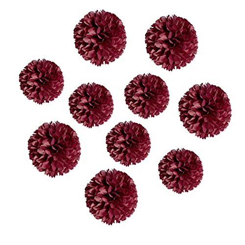 10pcs Paper Pom Poms Tissue Paper Flower Art Craft DIY Hanging Flower for Party Wedding Baby Shower Nursey Wall Decoration (8inch+10inch, Burgundy)