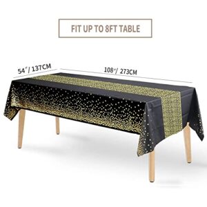 FECEDY 5 Packs 54"x108" Gold Wave Point Black Disposable Plastic Table Cover Waterproof Tablecloths for Rectangle Tables up to 8 ft in Length Party Decorations