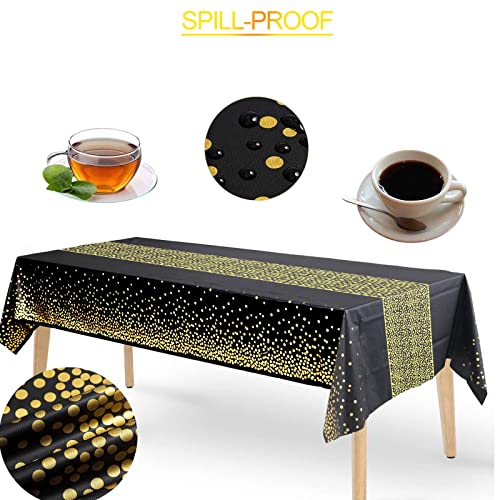 FECEDY 5 Packs 54"x108" Gold Wave Point Black Disposable Plastic Table Cover Waterproof Tablecloths for Rectangle Tables up to 8 ft in Length Party Decorations