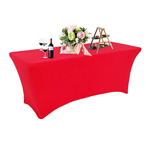 6ft Stretch Spandex Tablecloth Fitted Rectangular Patio Table Cover for Wedding Party Banquet Folding Table (Red)