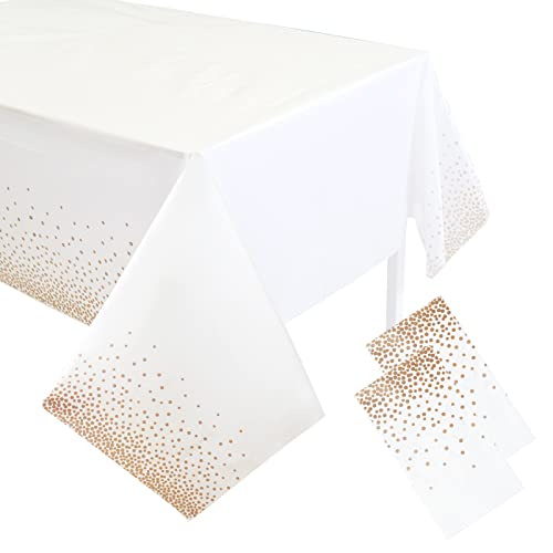 Bluechok Gold Polka Dots Plastic Tablecloths 2 Pack White Disposable Table Covers Bridal Shower Party Tablecovers 54'' x 108'' Table Cloths for Picnic Birthday Wedding Parties 8 Foot Rectangle Table