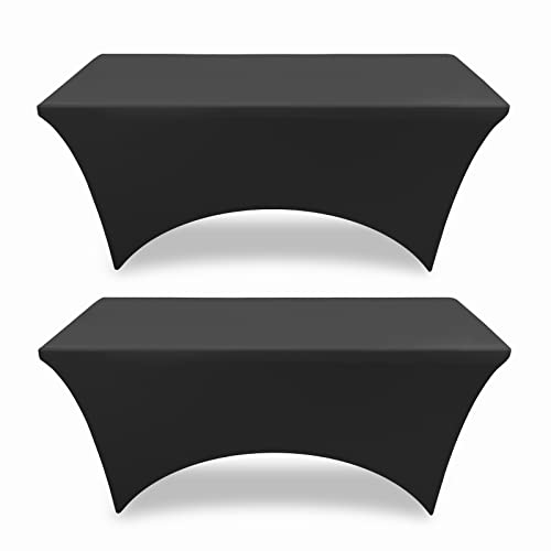 PureFit Spandex Black Table Covers 6ft Fitted Table Clothes for 6 Foot Rectangle Tables, Elastic Massage Table Cover, Stretch Wrinkle Free Tablecloth for Party, Wedding, Birthday, Vendor Stand, 2 Pack