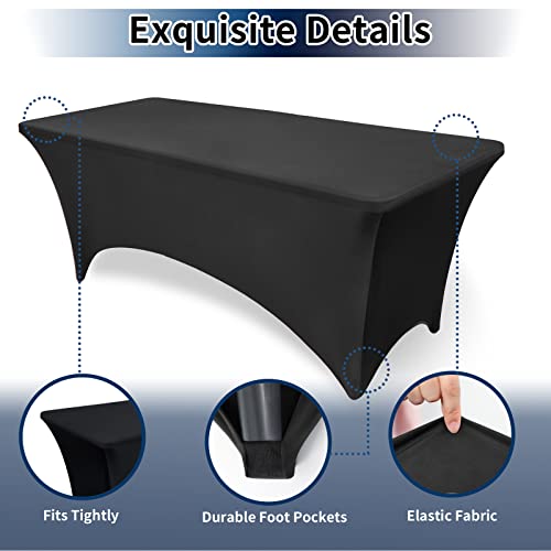 PureFit Spandex Black Table Covers 6ft Fitted Table Clothes for 6 Foot Rectangle Tables, Elastic Massage Table Cover, Stretch Wrinkle Free Tablecloth for Party, Wedding, Birthday, Vendor Stand, 2 Pack