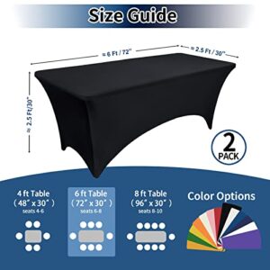 PureFit Spandex Black Table Covers 6ft Fitted Table Clothes for 6 Foot Rectangle Tables, Elastic Massage Table Cover, Stretch Wrinkle Free Tablecloth for Party, Wedding, Birthday, Vendor Stand, 2 Pack