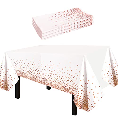 FECEDY 6 Packs 54 x 108inch Disposable Plastic Table Cover Waterproof for Rectangle White Background with Rose Gold dot for Indoor & Outdoor Birthdays Anniversary Buffet Table Party Decorations