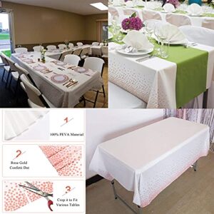 FECEDY 6 Packs 54 x 108inch Disposable Plastic Table Cover Waterproof for Rectangle White Background with Rose Gold dot for Indoor & Outdoor Birthdays Anniversary Buffet Table Party Decorations