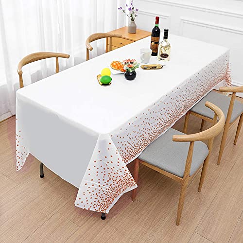 FECEDY 6 Packs 54 x 108inch Disposable Plastic Table Cover Waterproof for Rectangle White Background with Rose Gold dot for Indoor & Outdoor Birthdays Anniversary Buffet Table Party Decorations