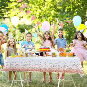 FECEDY 6 Packs 54 x 108inch Disposable Plastic Table Cover Waterproof for Rectangle White Background with Rose Gold dot for Indoor & Outdoor Birthdays Anniversary Buffet Table Party Decorations