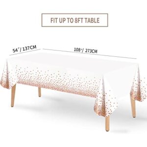 FECEDY 6 Packs 54 x 108inch Disposable Plastic Table Cover Waterproof for Rectangle White Background with Rose Gold dot for Indoor & Outdoor Birthdays Anniversary Buffet Table Party Decorations