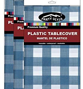 Blue Gingham Checkered Plastic Tablecloths 3 Pack Disposable Table Covers 54 x 108 Inches Party Tablecovers PEVA Vinyl Buffalo Plaid Table Cloths for Rectangle Tables Upto 8 ft and Picnic Barbecue