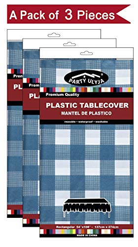 Blue Gingham Checkered Plastic Tablecloths 3 Pack Disposable Table Covers 54 x 108 Inches Party Tablecovers PEVA Vinyl Buffalo Plaid Table Cloths for Rectangle Tables Upto 8 ft and Picnic Barbecue