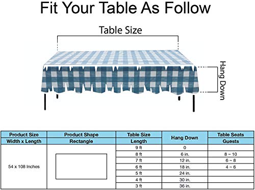 Blue Gingham Checkered Plastic Tablecloths 3 Pack Disposable Table Covers 54 x 108 Inches Party Tablecovers PEVA Vinyl Buffalo Plaid Table Cloths for Rectangle Tables Upto 8 ft and Picnic Barbecue