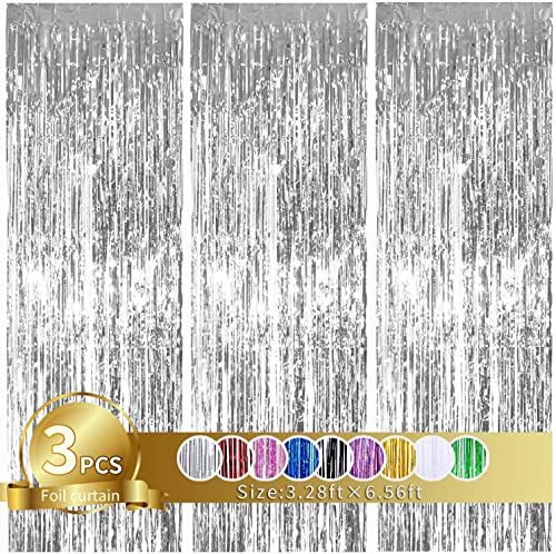 3Pcs Silver Metallic Tinsel Foil Fringe Curtains,3.28ft x 6.56ft Silver Photo Booth Backdrop Streamer Curtain,Photo Booth Props,Ideal for Bachelorette,Birthday,Christmas,New Year Party Decorations