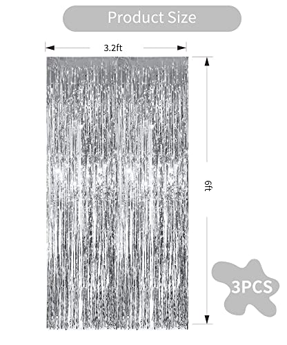 3Pcs Silver Metallic Tinsel Foil Fringe Curtains,3.28ft x 6.56ft Silver Photo Booth Backdrop Streamer Curtain,Photo Booth Props,Ideal for Bachelorette,Birthday,Christmas,New Year Party Decorations