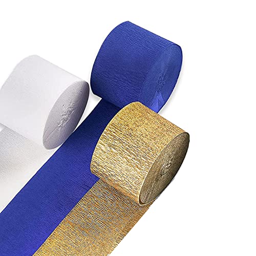 Navy Blue Gold and White Crepe Paper Streamers 6 Rolls for Wedding Birthday Party Bridal Shower Decora,1.8inX82Ft