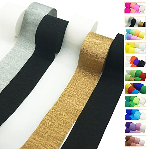 White Black Gold Silver Crepe Paper Streamers 6 Rolls for Party Streamers Decorations Birthday Wedding Baby Bridal Shower Backdrop Craft Supplies (1.8 Inch x 82 Ft/Roll，492ft )